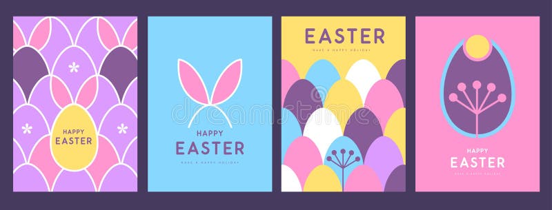 Set of Holiday Flat Easter Posters with Rabbit Ears, Easter Eggs, Flowers and Patterns. Stock ...