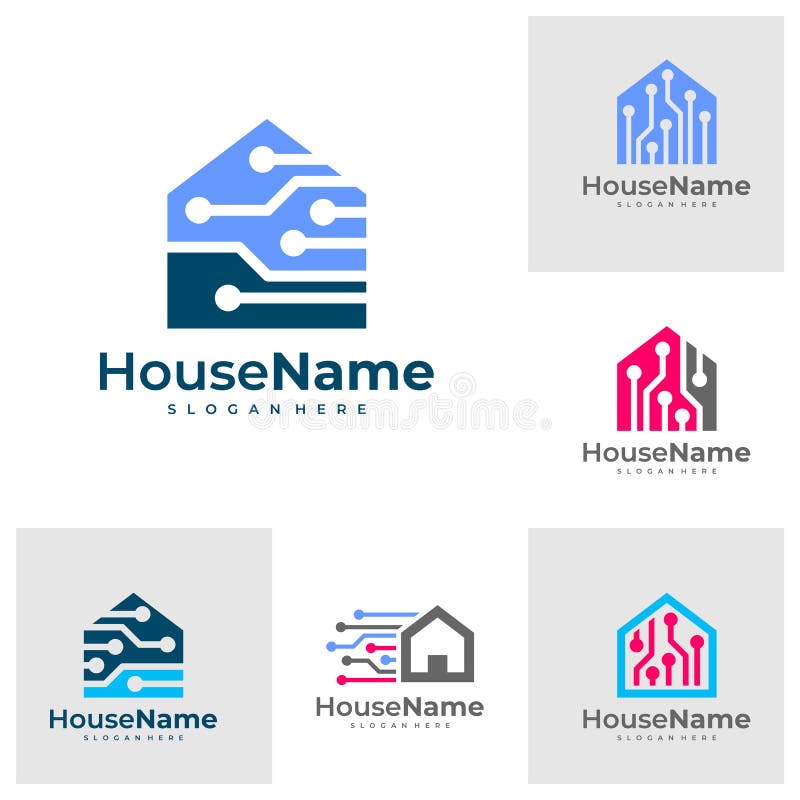 Set of Home Tech with Connection Dot Line Art Style Logo Design Vector ...