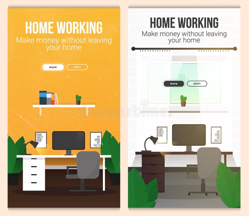 Set of Home Working Banners with Workspace. Home Office. Freelance ...