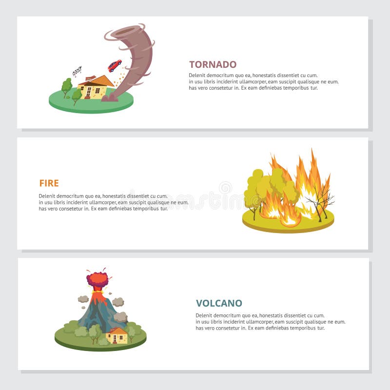 Banners of Natural Disasters Tornado, Fire and Volcano, Vector ... Banners of Natural Disasters Tornado, Fire and Volcano, Vector ...