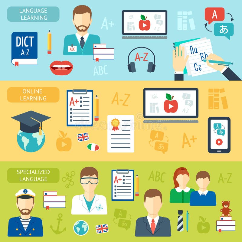 Foreign Language Courses and Schools Concept. Flat Design Stock Vector ...