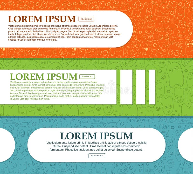 Set of Horizontal Banners with Funny Monsters and Place for Your Text ...