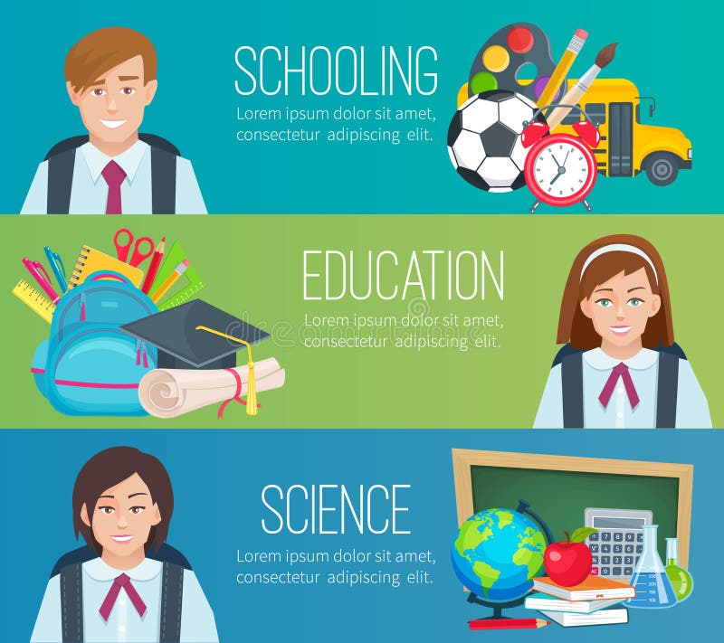 Set Horizontal Banners with School Supplies and Students Stock Vector ...