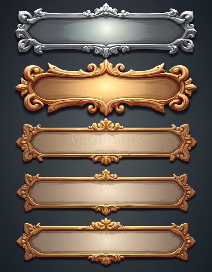Set of Horizontal Game Ui Elements. Silver, Gold Borders in Different Styles. Simple To Luxury ...