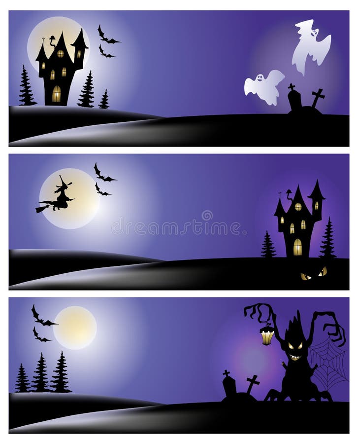 Set of Horizontal Halloween Banners . Vector Illustration on Blue ...