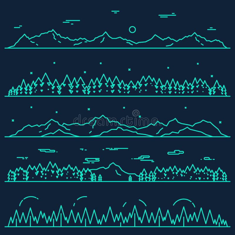 Set Horizontal Mountains Fir Forest Linear Style Stock Vector ...