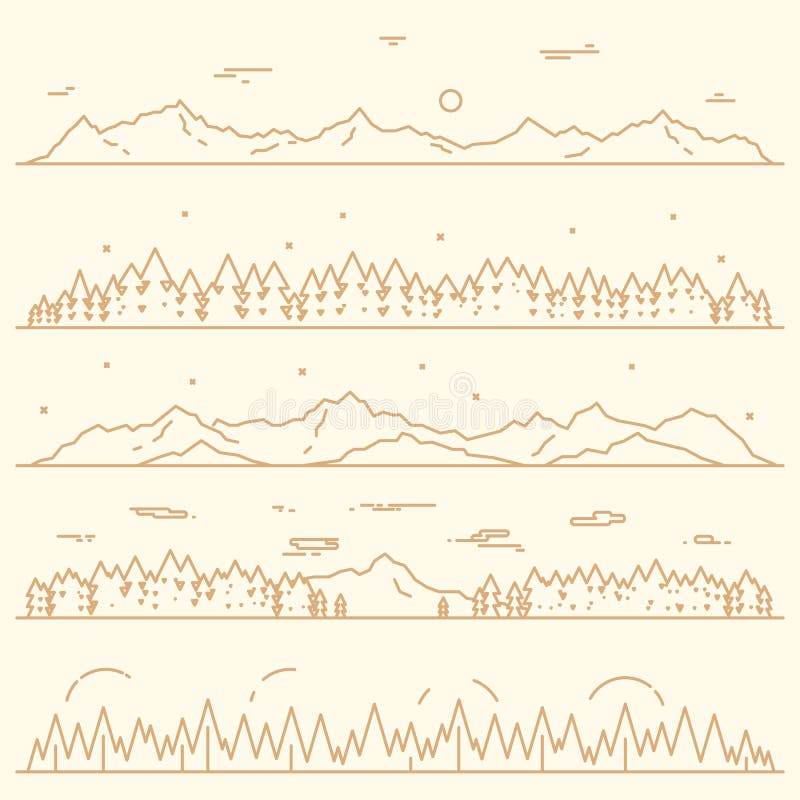 Set Horizontal Mountains Fir Forest Linear Style Stock Vector ...
