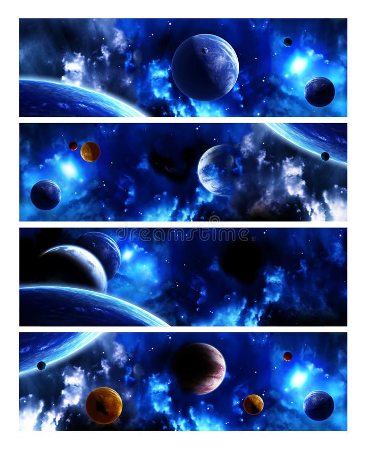 Set of Horizontal Space Banners with Planets, Nebula and Stars Stock ...
