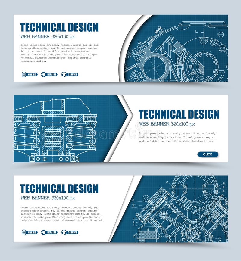 Set of Web Banners with Technical Drawings Stock Vector - Illustration ...