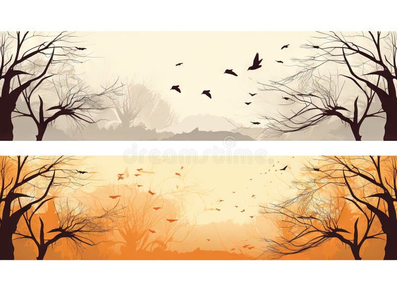 Horizontal Wide Banners of Tree Branches and Flock of Birds Made with ...