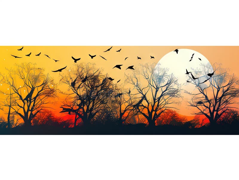 Horizontal Wide Banners of Tree Branches and Flock of Birds Made with ...