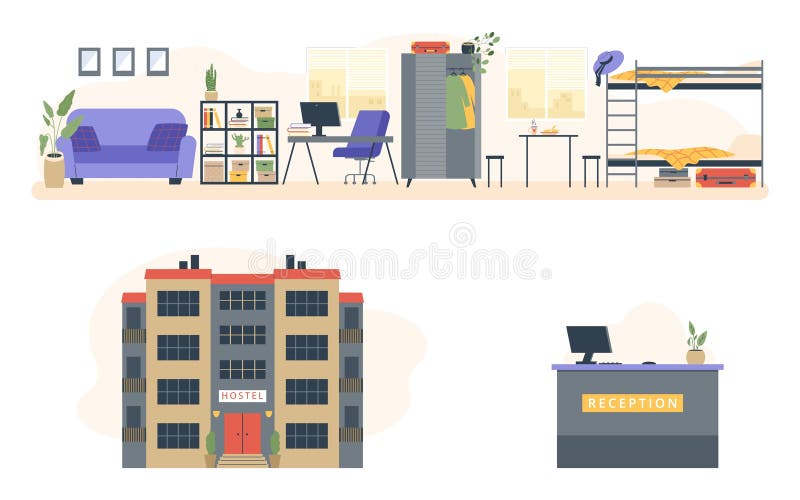 Set of Hostel Building, Reception Rack and Room Interior Flat Style ...