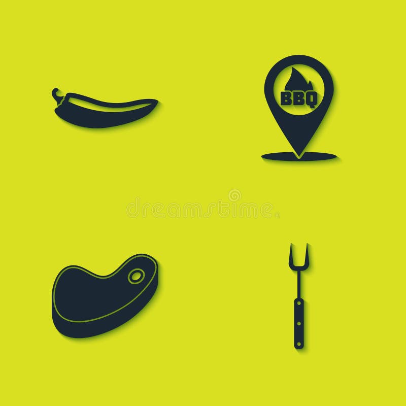 Set Hot Chili Pepper Pod, Barbecue Fork, Steak Meat and Location with ...