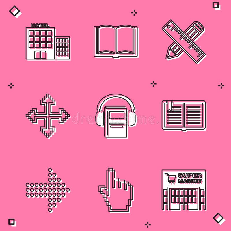 Set Hotel Building, Open Book, Crossed Ruler and Pencil, Pixel Arrows ... Set Hotel Building, Open Book, Crossed Ruler and Pencil, Pixel Arrows ...
