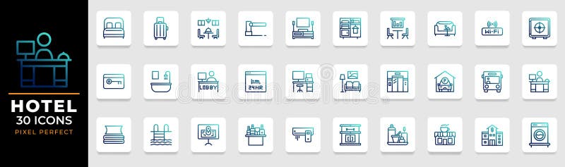 Set of Hotel Gradient Icons. Editable Stroke Collection and Pixel ...