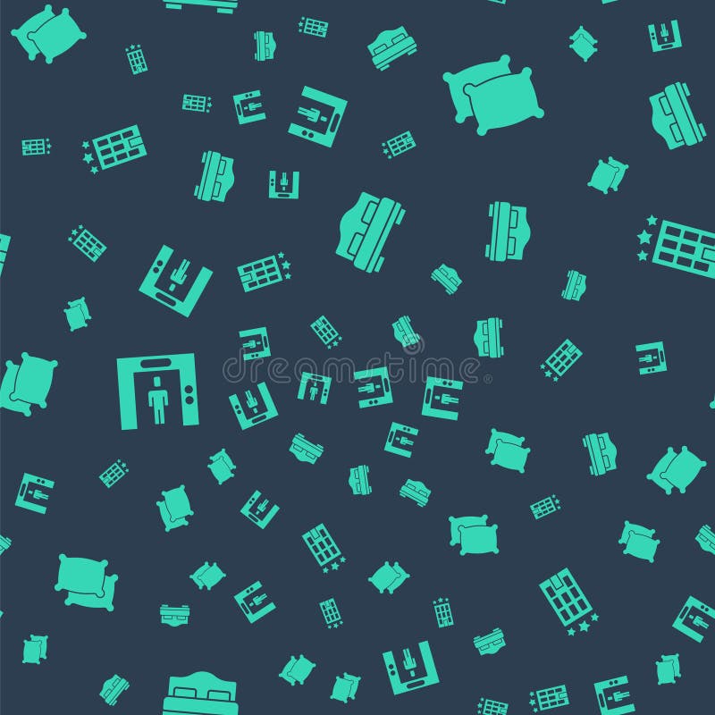 Set Hotel Room Bed, Pillow, Lift and Building on Seamless Pattern ...