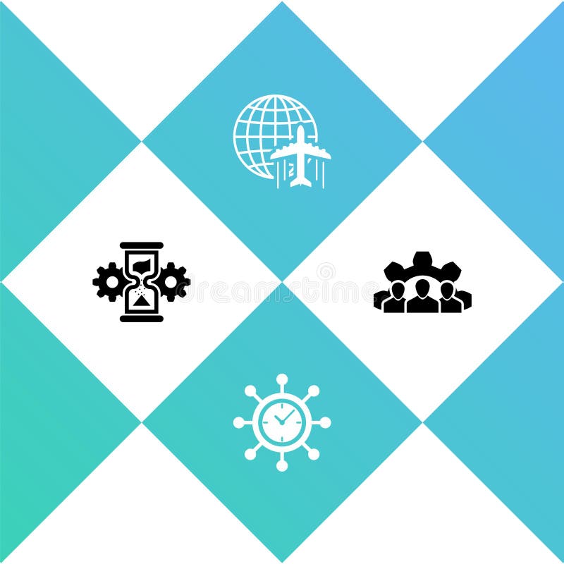 Set Hourglass and Gear, Clock, Globe with Flying Plane and Project Team ...