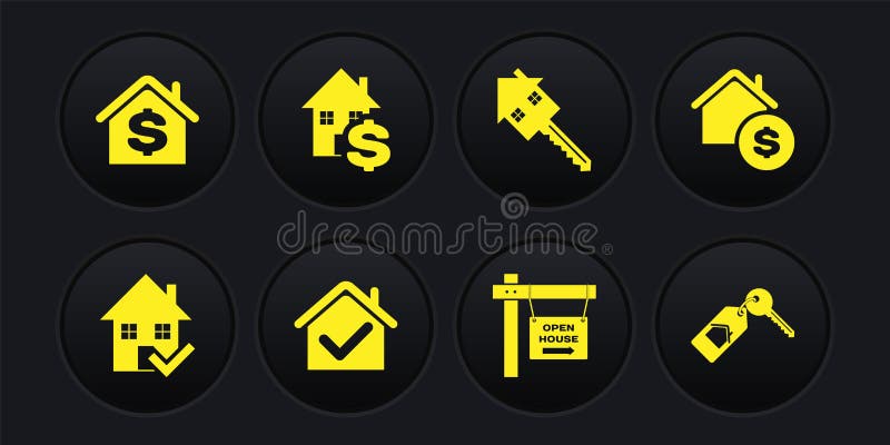 Set House with Check Mark, Dollar, Hanging Sign Open House, Key, and ...