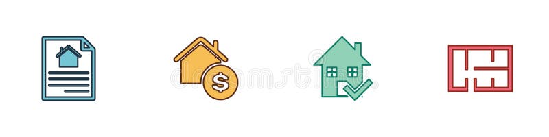 Set House Contract, with Dollar, Check Mark and Plan Icon. Vector Stock ...