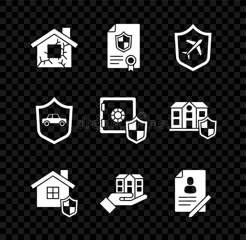 Set House, Contract with Shield, Plane, in Hand, Document, Car and Safe ...