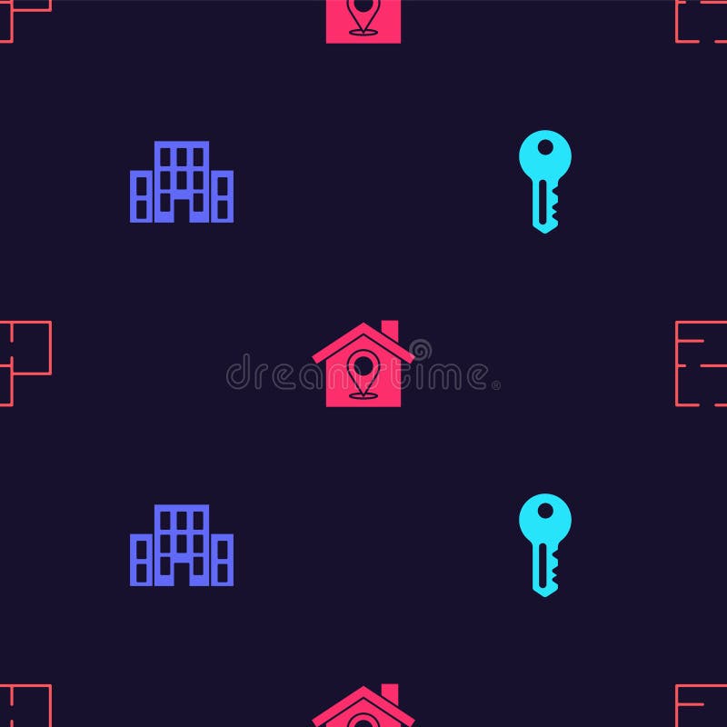 Set House Key, , Location with House and Plan on Seamless Pattern ...