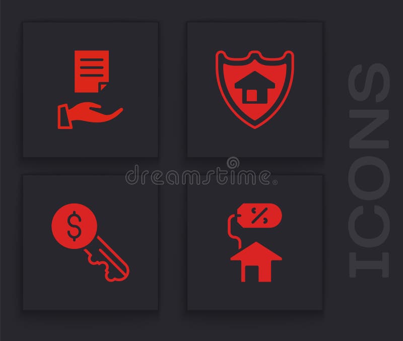 Set House with Percant, Contract, Shield and Rent Key Icon. Vector ...