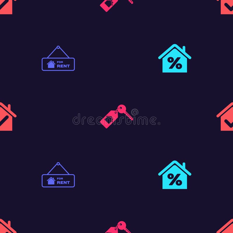 Set House with Percant, Hanging Sign for Rent, Key and Check Mark on ...