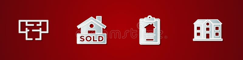 Set House Plan, Hanging Sign with Text Sold, Contract and Icon. Vector ...