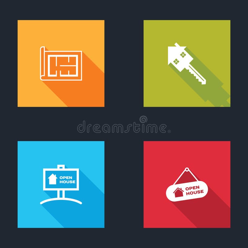 Set House Plan, with Key, Hanging Sign Open House and Icon. Vector ...