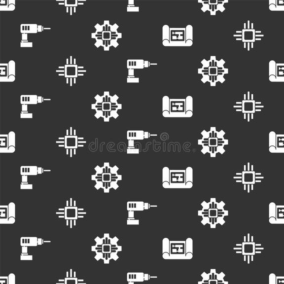 Set House Plan, Processor with Microcircuits CPU, Electric Drill Machine and Processor on ...