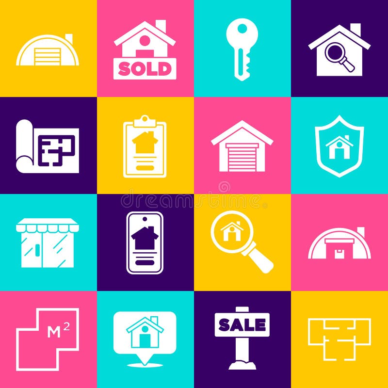 Set House Plan, Warehouse, with Shield, Key, Contract, and Garage Icon ...