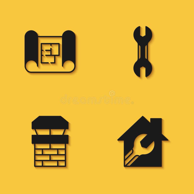 Set House Plan, with Wrench Spanner, Chimney and Wrench Icon with Long ...