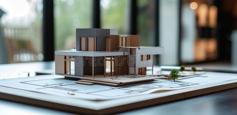 A Set of House Plans on a Table with a Model on the Table Stock Image ...