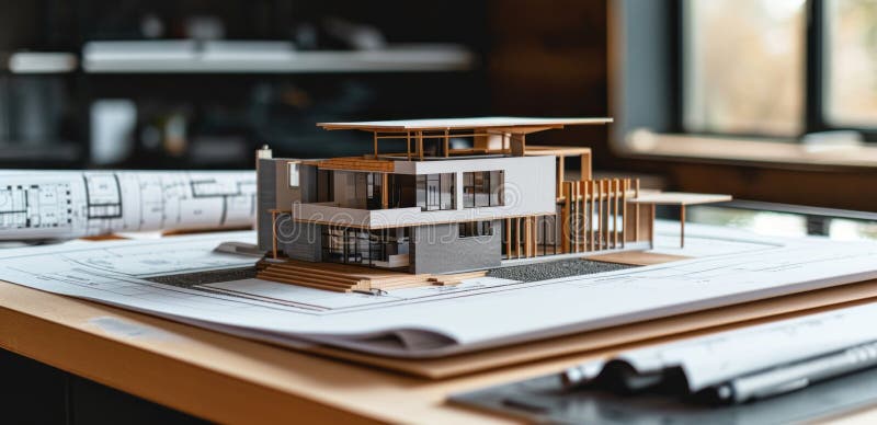 A Set of House Plans on a Table with a Model on the Table Stock Photo ...