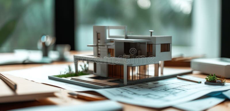 A Set of House Plans on a Table with a Model on the Table Stock Image ...