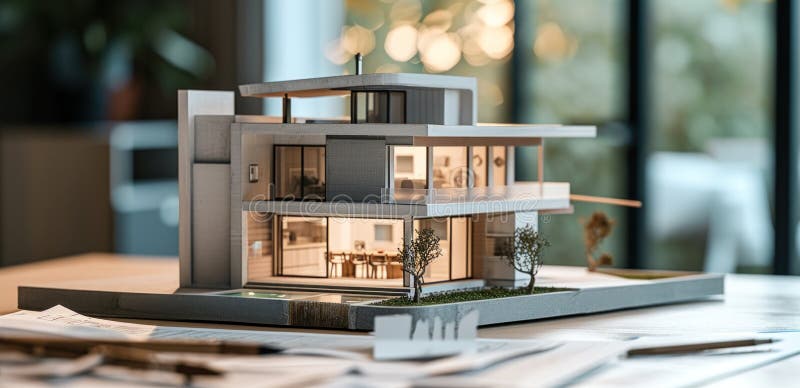 A Set of House Plans on a Table with a Model on the Table Stock Image ...