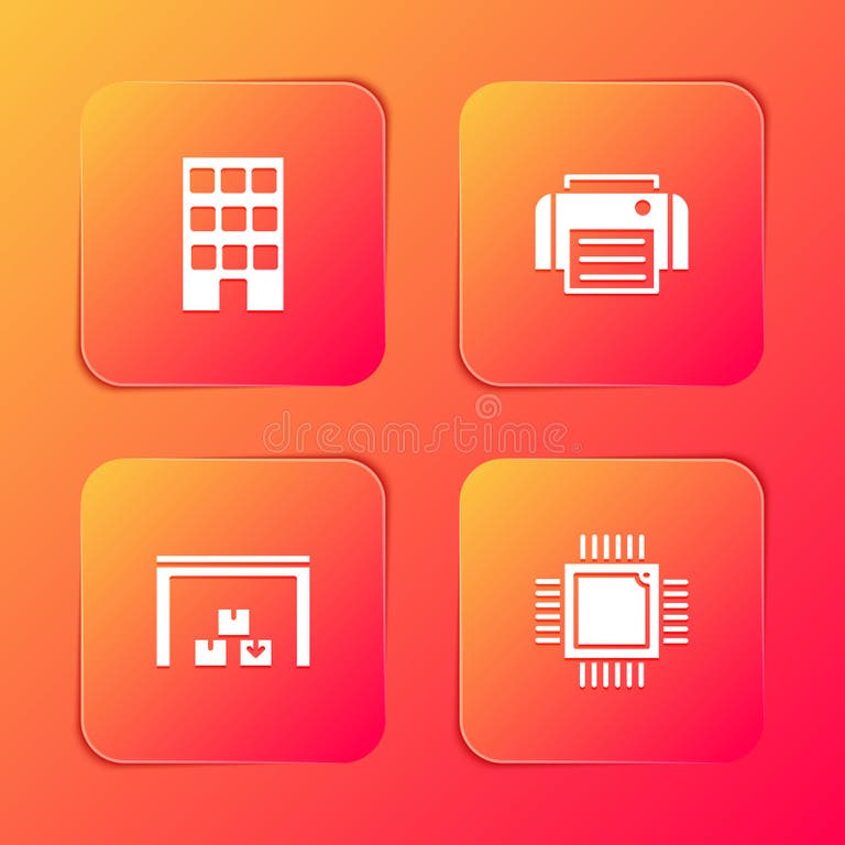 Set House, Printer, Warehouse and Processor with Microcircuits CPU Icon. Vector Stock Vector ...