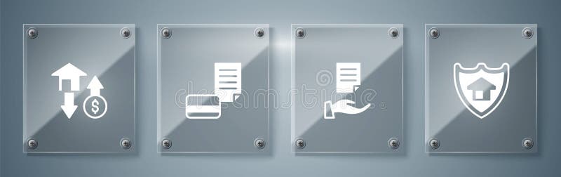 Set House with Shield, Contract, Credit Card and Dollar. Square Glass ...