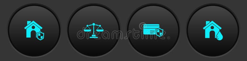 Set House with Shield, Scales of Justice, Credit Card and Flood Icon ...