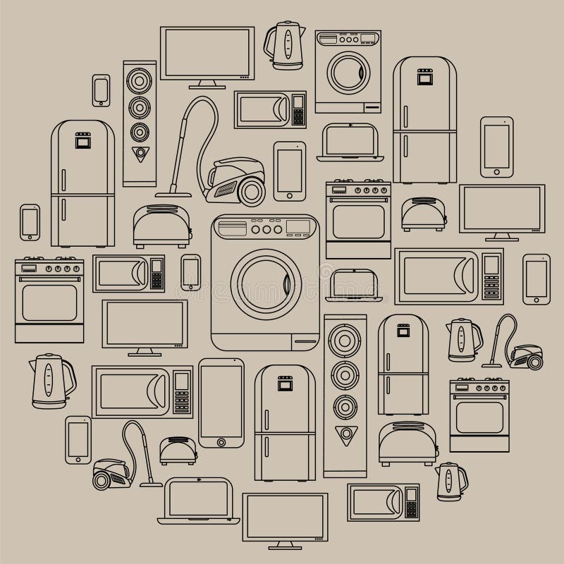 A Set of Household Appliances and Electronics Icons Round Cloud of Objects Small and Large ...