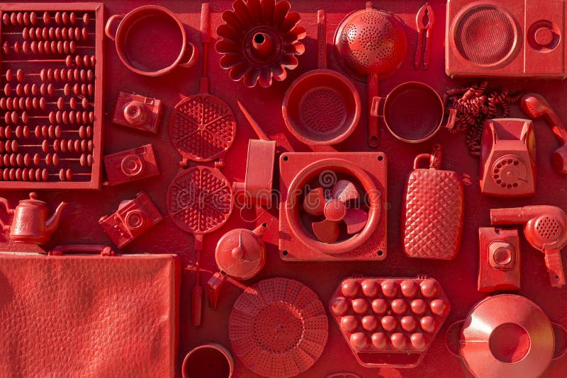 Set of Household Items of the 20th Century, Retro Collection on the Red ...