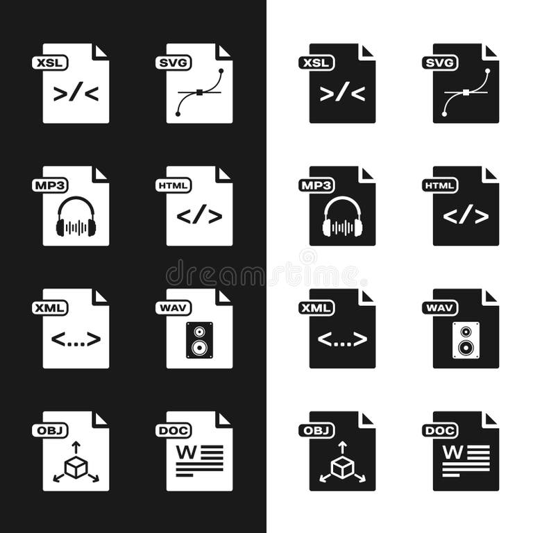 Set HTML File Document, MP3, XSL, SVG, XML, WAV, DOC and OBJ Icon. Vector Stock Vector ...