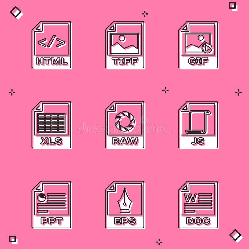 Set HTML File Document, TIFF, GIF, XLS, RAW and JS Icon. Vector Stock ... Set HTML File Document, TIFF, GIF, XLS, RAW and JS Icon. Vector Stock ...