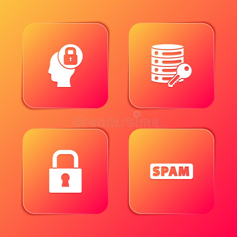 Set Human Head with Lock, Server Security Key, Lock and Spam Icon ...