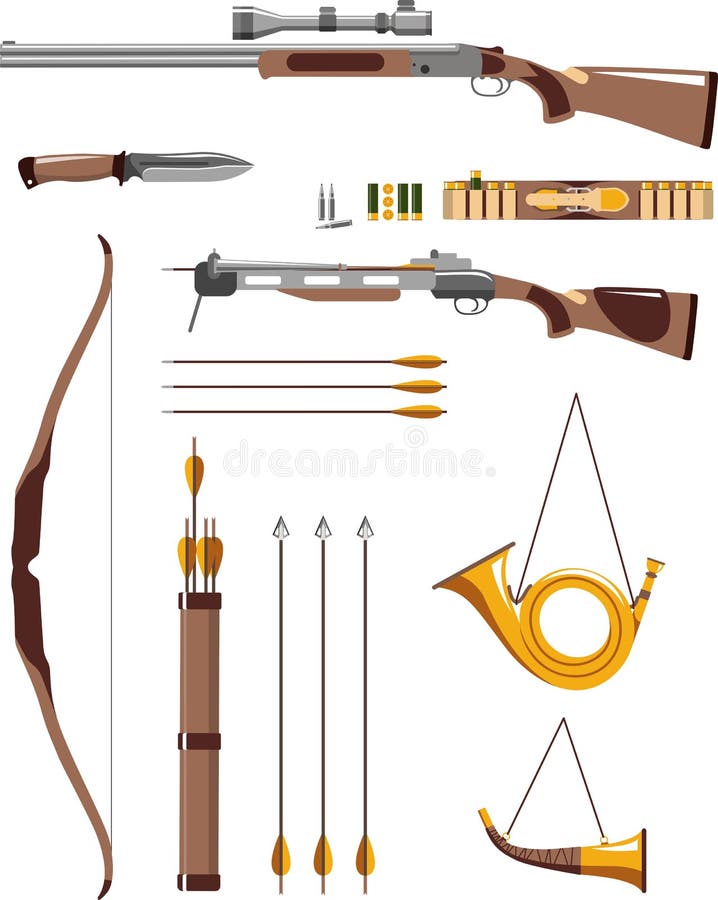 Hunting Weapons and Symbols Design Elements Flat Style Hunter Forest ...