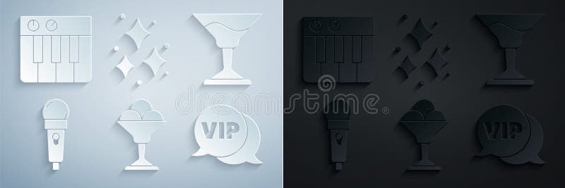 Set Ice Cream in Bowl, Cocktail, Microphone, Vip Speech Bubble ...
