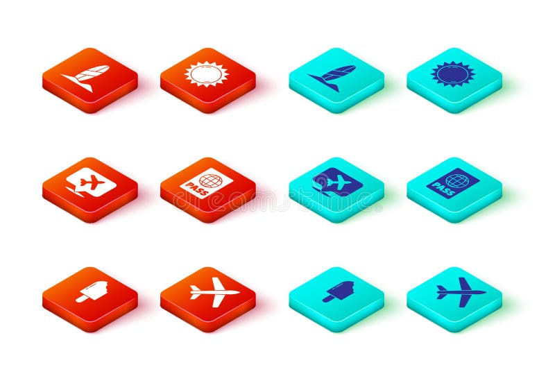 Set Ice Cream, Plane, Speech Bubble with Airplane, Passport, Sun and ...