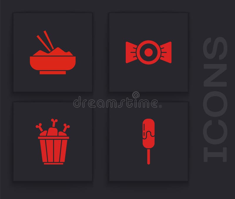 Set Ice Cream, Rice in Bowl with Chopstick, Candy and Chicken Leg ...