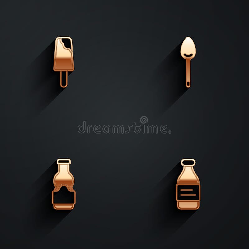 Set Ice Cream, Spoon, Sauce Bottle and Bottle of Water Icon with Long ...