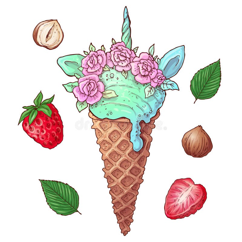 Set Ice Cream Strawberry Nuts. Vector Illustration of Hand Drawing ...
